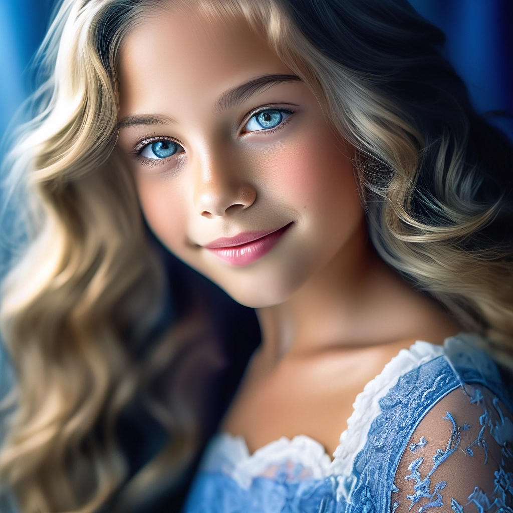 "Beautiful 13-year-old girl with blue long wavy hair, big very ...
