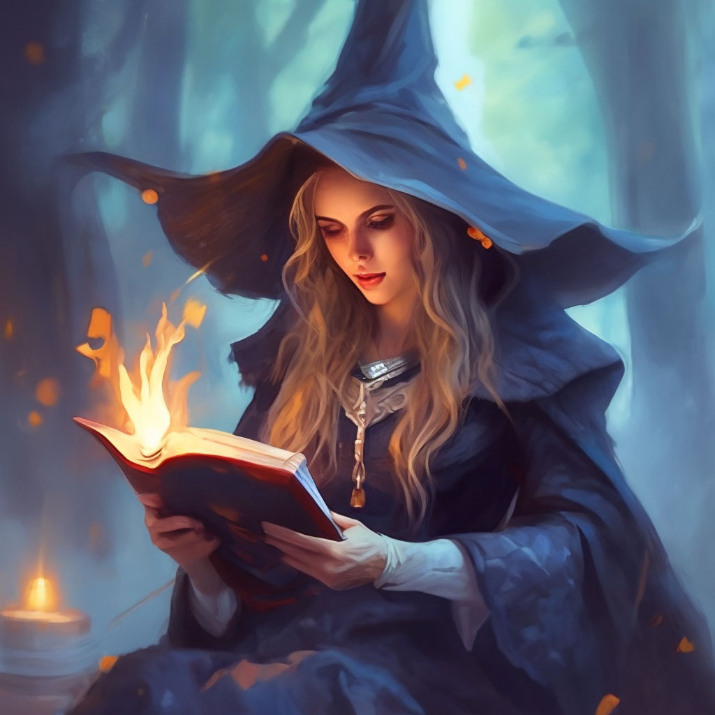 "The witch with the book digital painting" — image created in Shedevrum