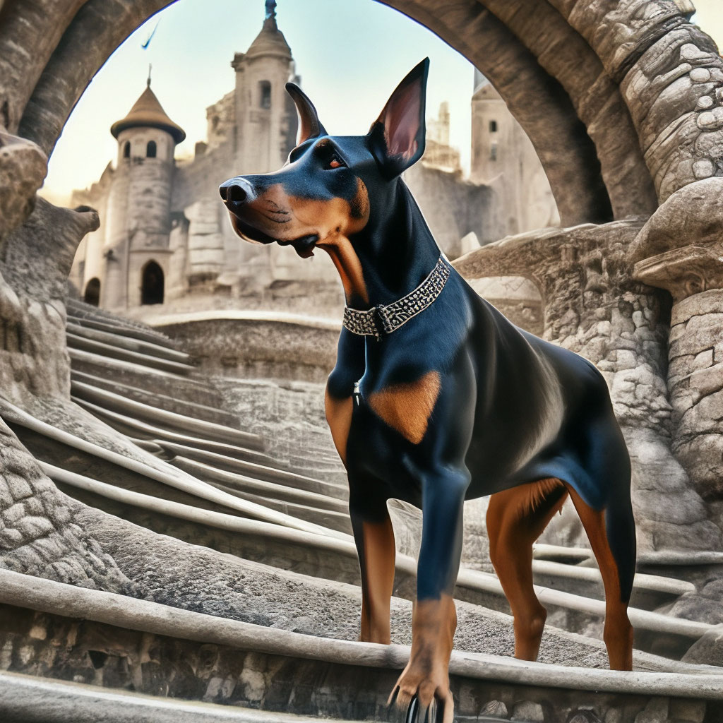 "Doberman walks through an ancient stone castle, arches, turrets ...