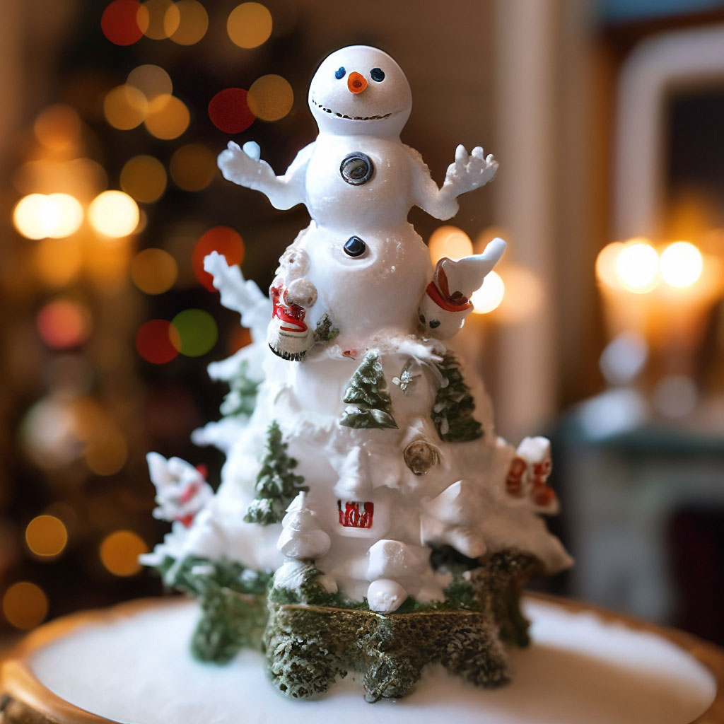 "A miniature anthropomorphic snowman with legs and arms climbed to the ...