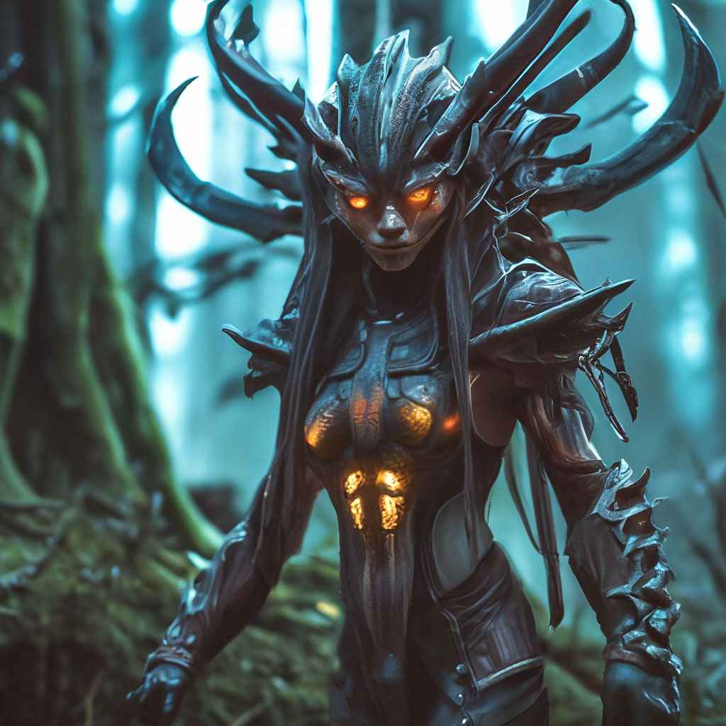 "Satyr+yautja, bright eyes, full body shot, long shot, magic forest ...