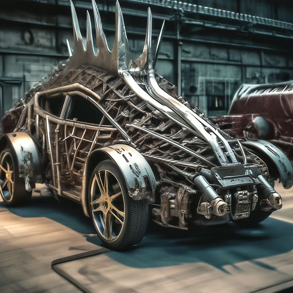 "Infernal enchanted meat ghost car, horns and spikes, chains and bones ...