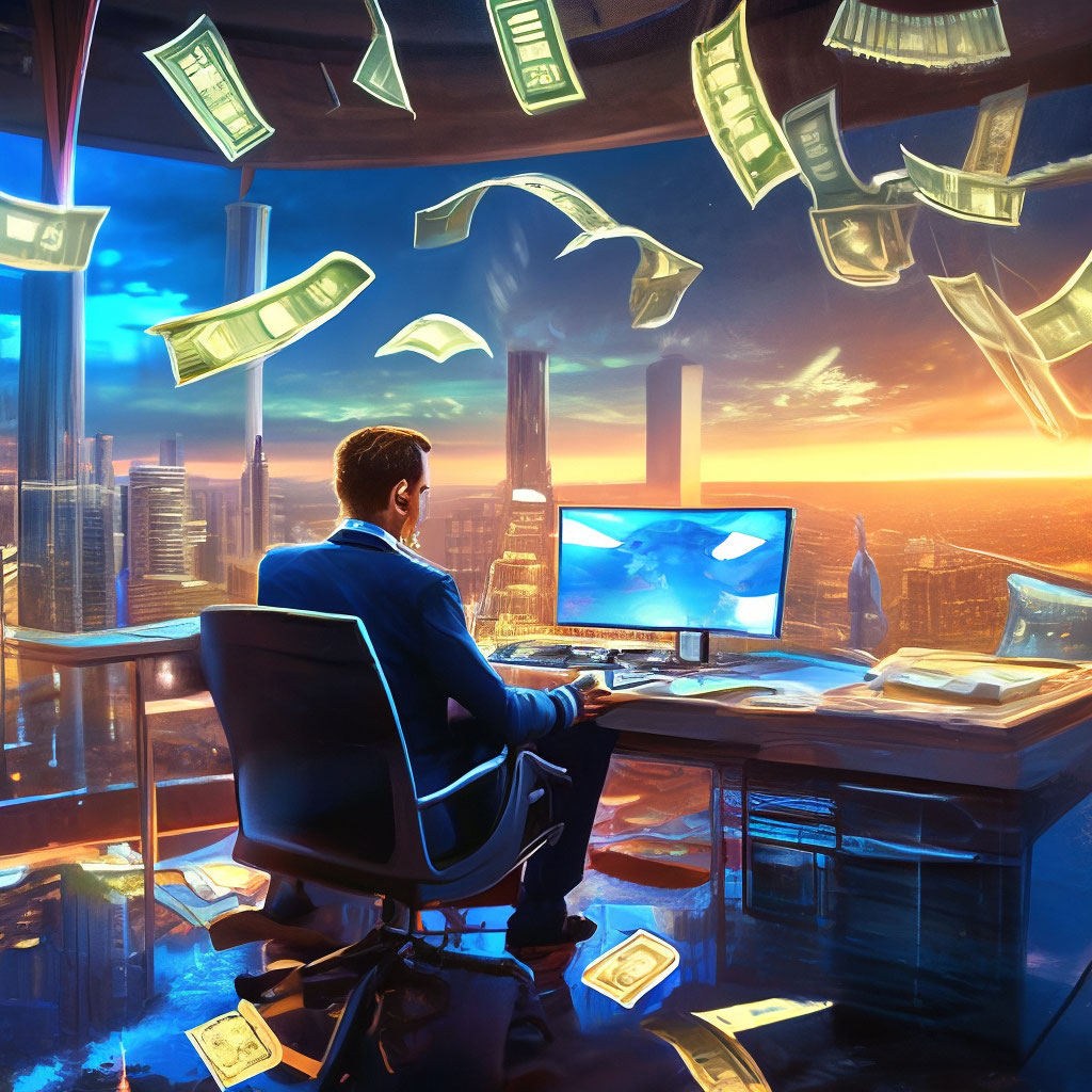 "Megastructure a bright office desk a computer a successful businessman ...