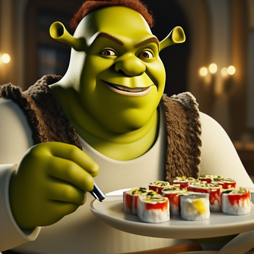 "Shrek holds diamond sushi, beautiful, realistic, professional photo ...