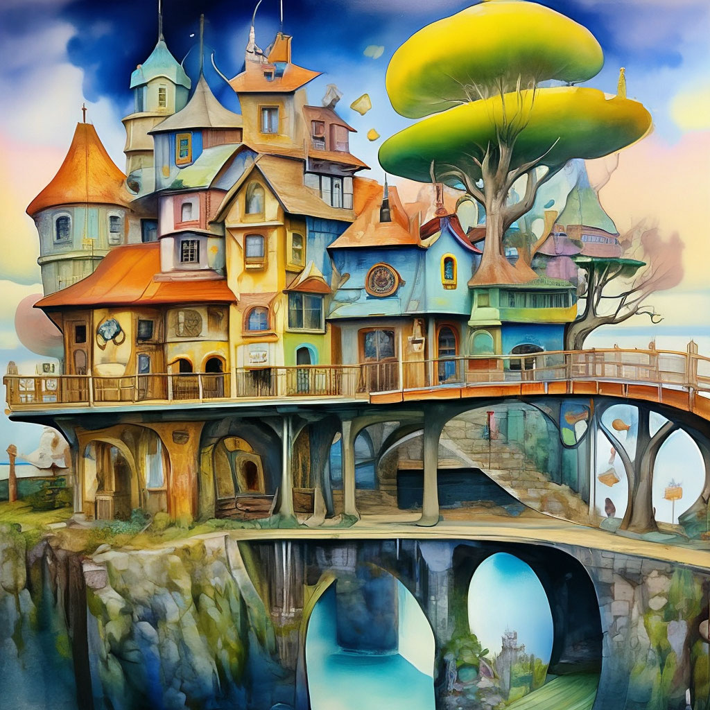 "Houses and bridges trees surrealism Dadaism psychedelic microcosm ...