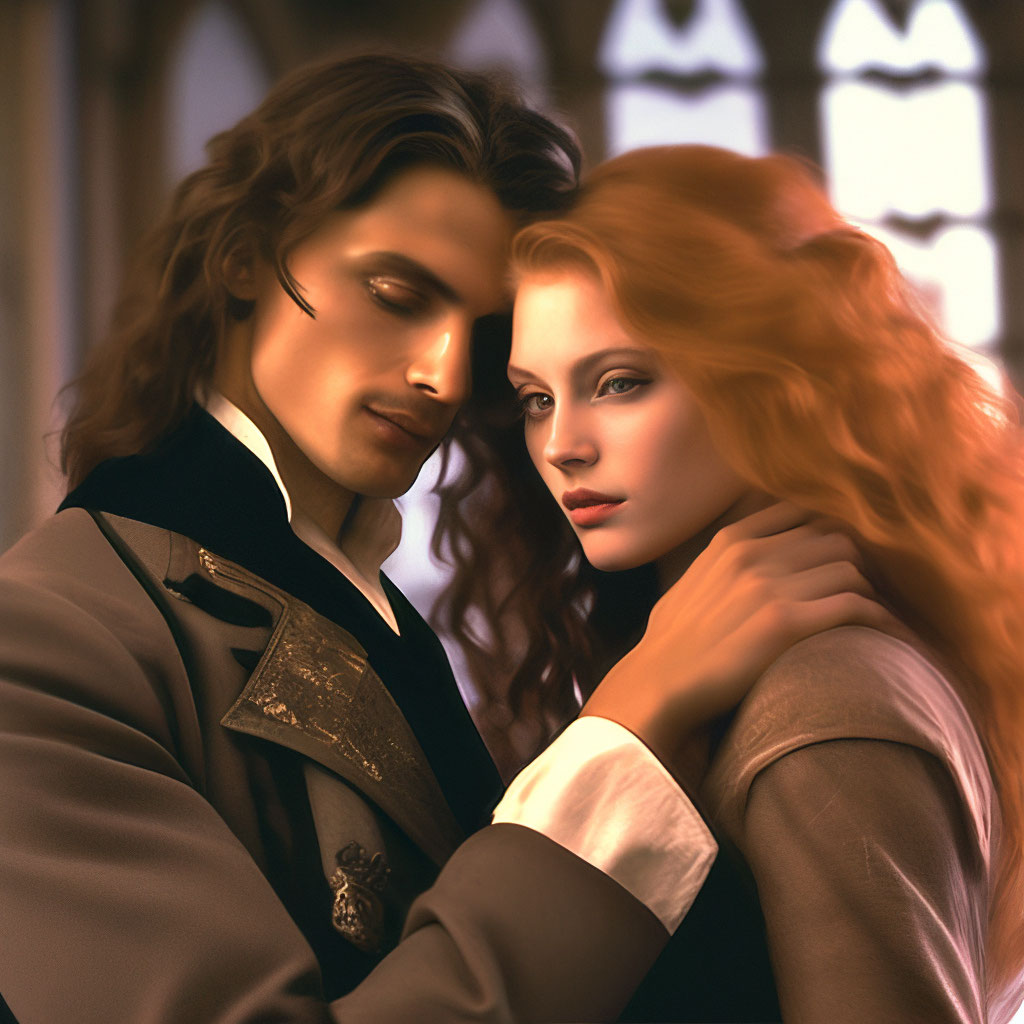 "Couple: a tanned vampire (big red eyes, curly red long hair, thin ...