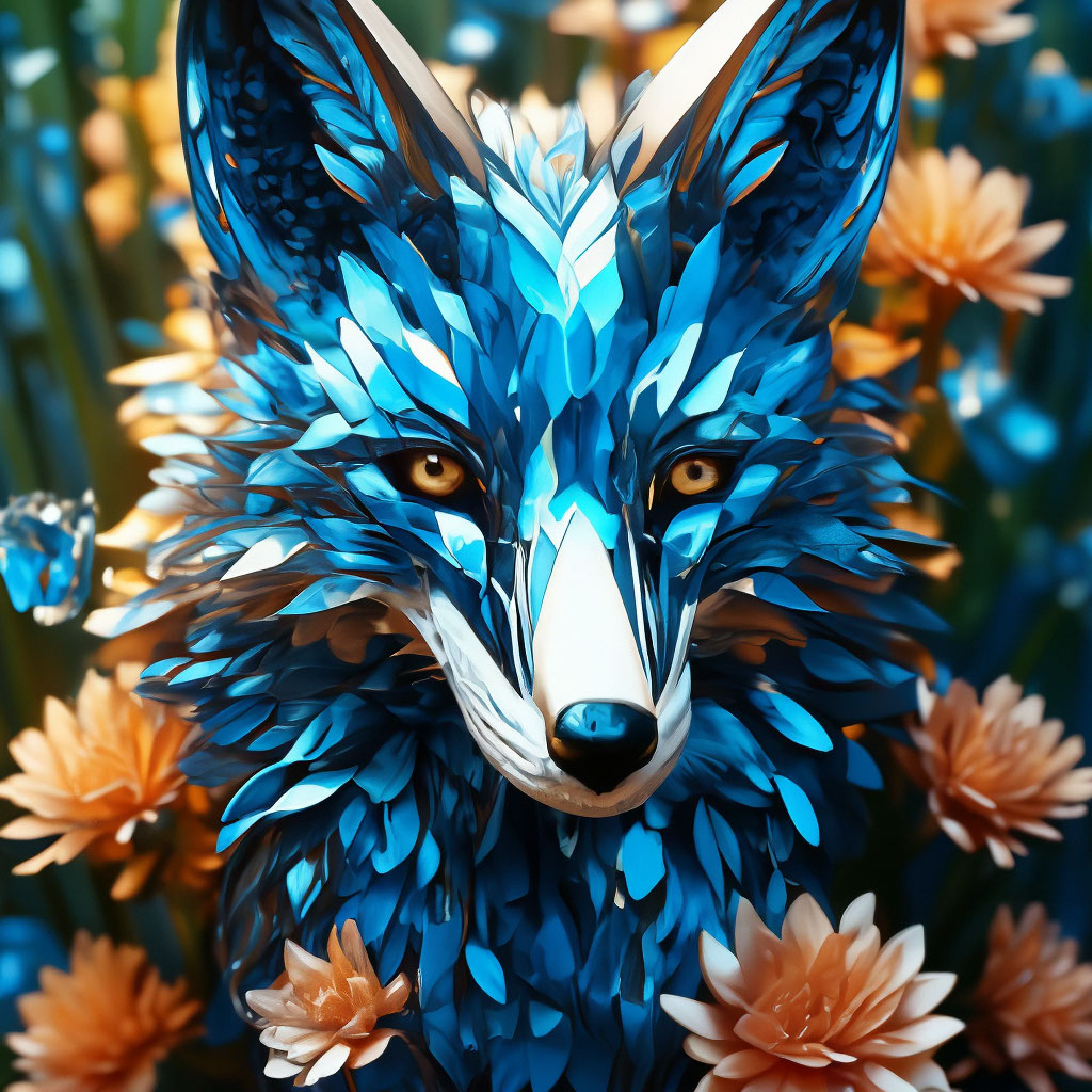 "Blue neon fox made of crystals among plants and flowers ...