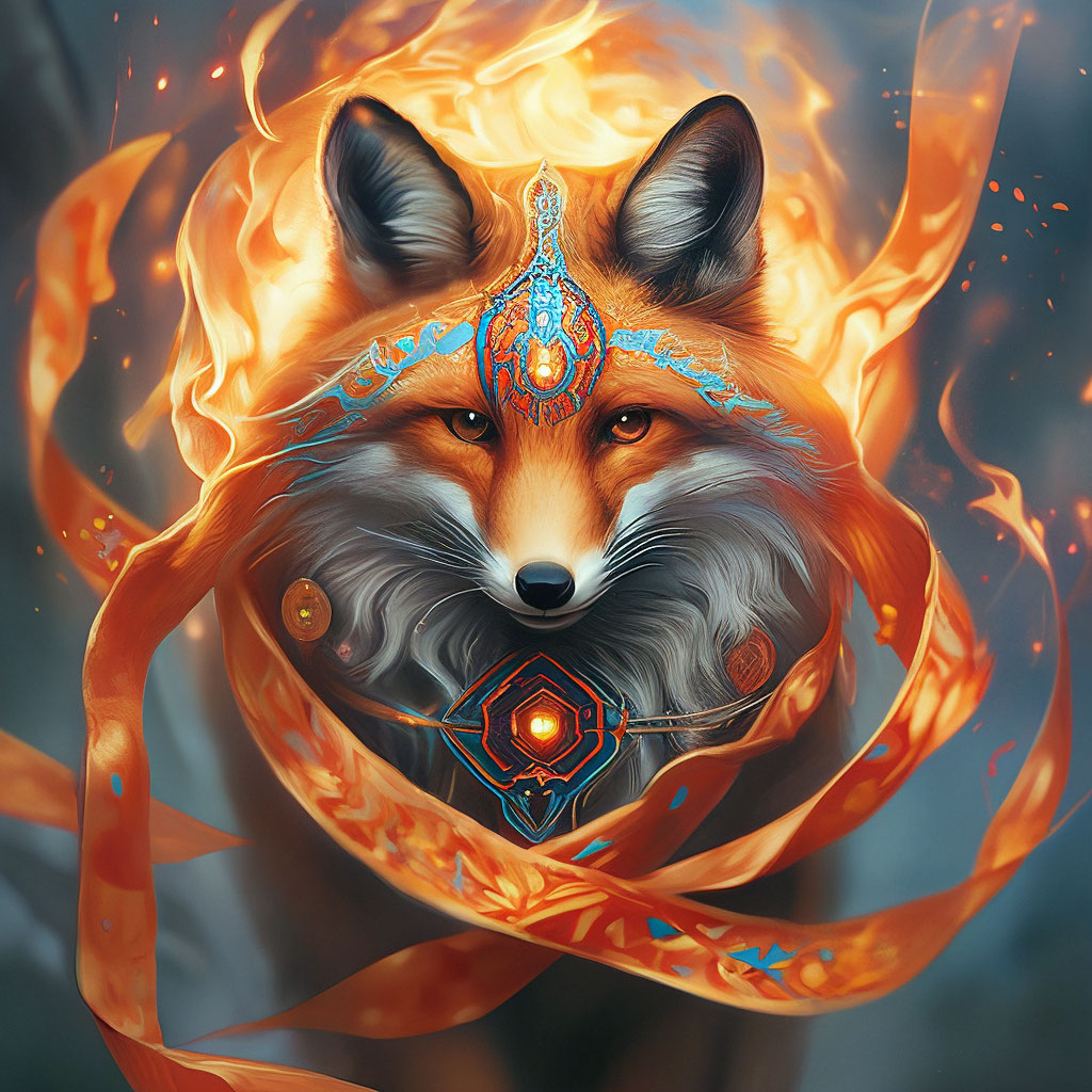 "Fiery ribbon fox with runes" — image created in Shedevrum