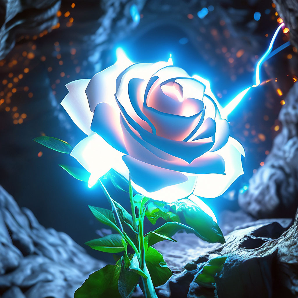 "A realistic white rose flower, a long curving stem with sharp thorns ...