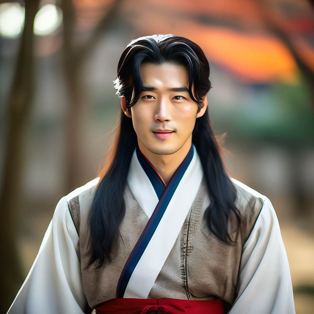"Handsome Korean guy in national hanbok long hair" — image created in ...