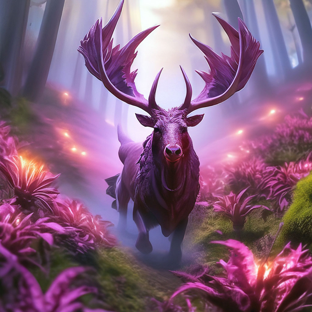 "A hybrid of a dragon and an elk with large relief horns runs out of ...