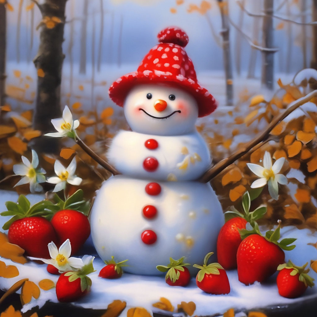 autumn snowman with strawberry nose surrounded by snowdrops. hiper ...