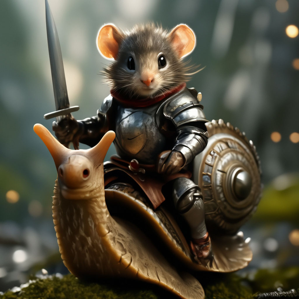 "The knight mouse rides a snail" — image created in Shedevrum