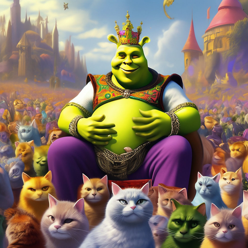 "Fat Shrek in a crown on a crystal throne in the land of cats, crowds ...