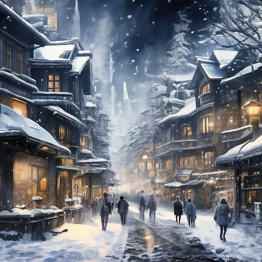 "Snow, blizzard, city, watercolor drawing, dark botanical,digital-art ...
