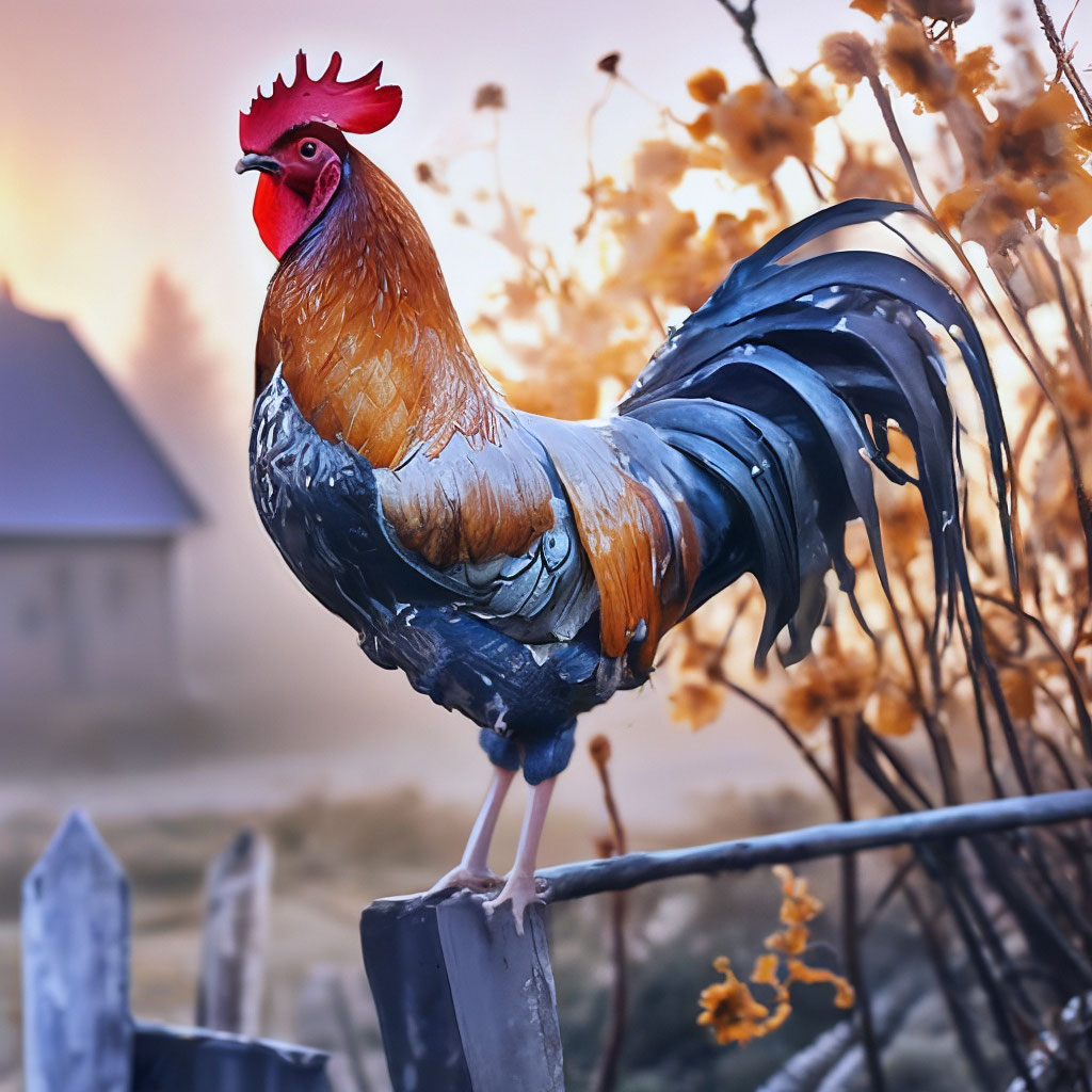 "Double exposure, landscape, village at home, rooster crowing on the ...