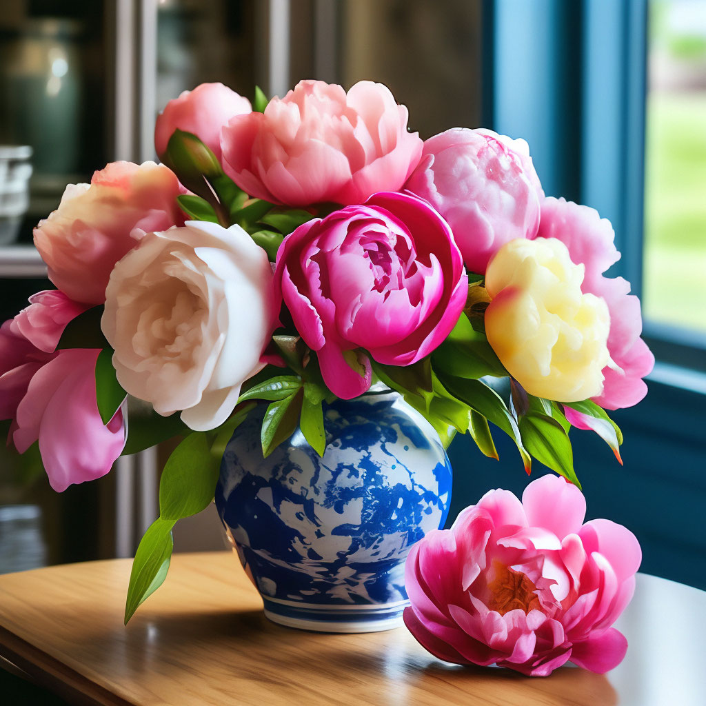 "A bouquet of peonies of different colors in a vase on the table ...