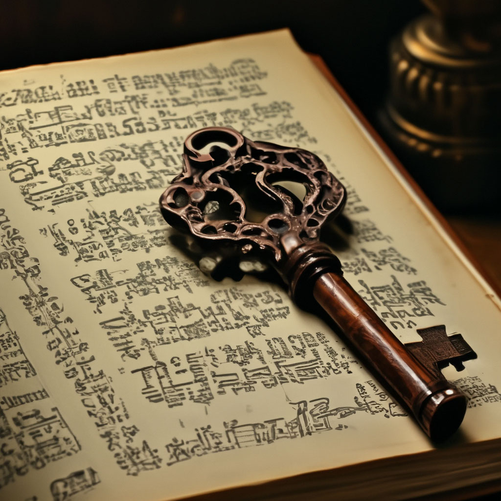 "An old rusty key from an expensive precious book,realism, hyperrealism ...