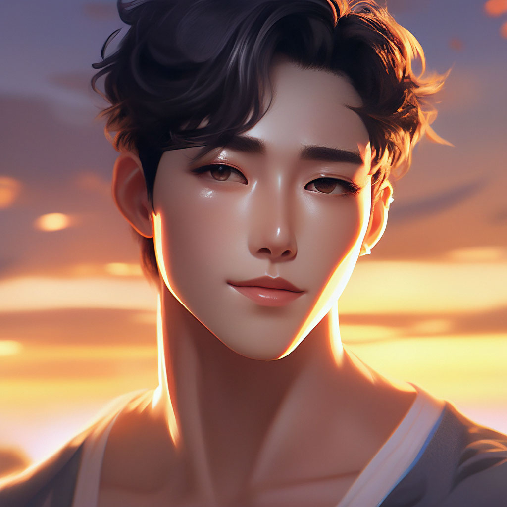 "Korean young man, perfect velvety pale skin, light male makeup ...