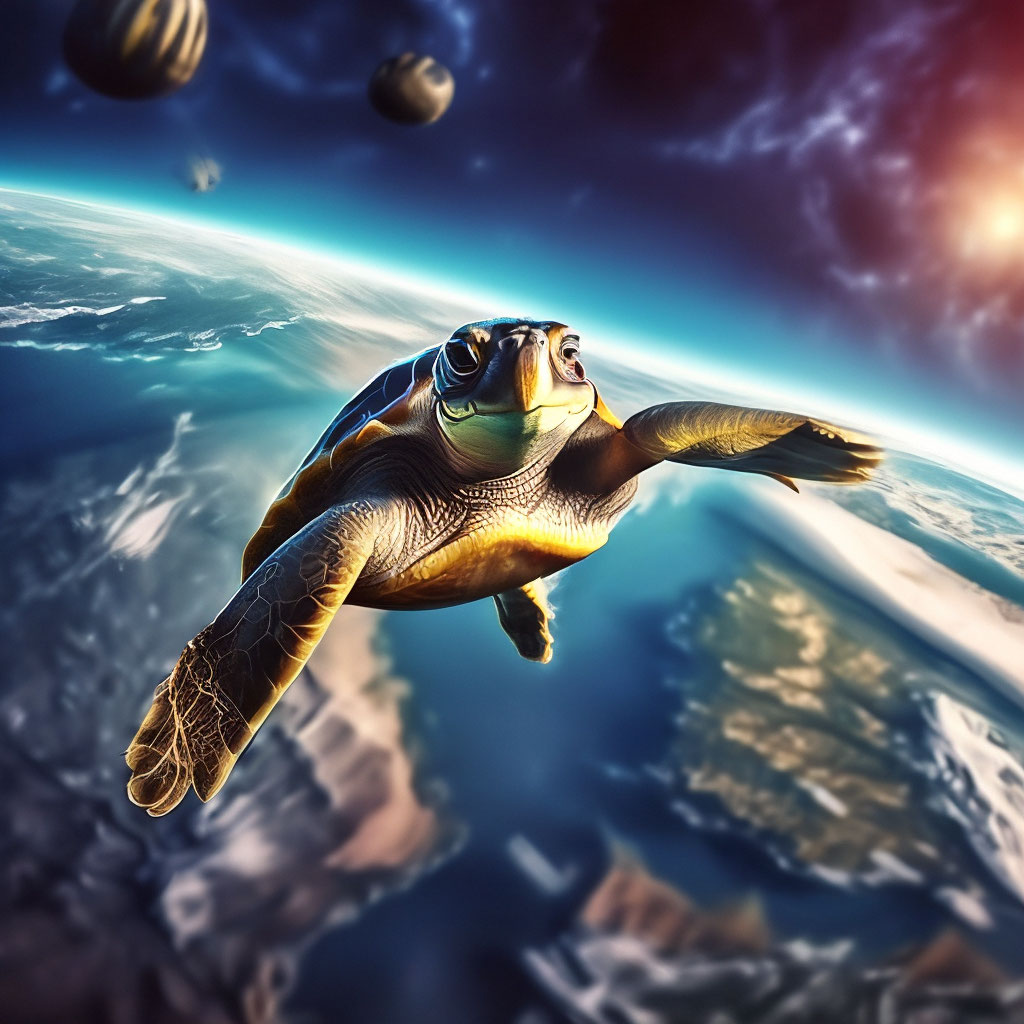 "Turtles flying against the background of planet earth in space, realistic, professional photo ...