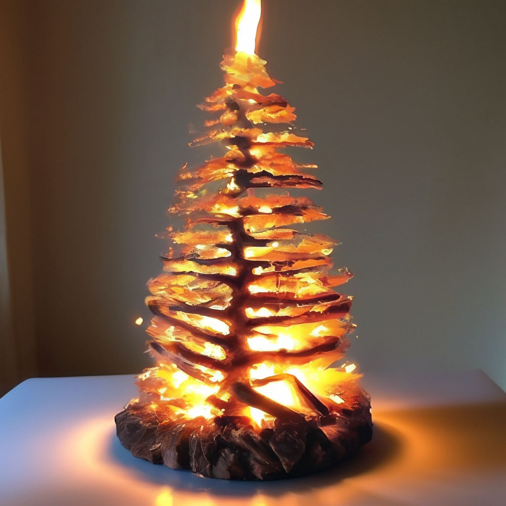 "A Christmas tree made of smoldering embers on top of a small flame ...