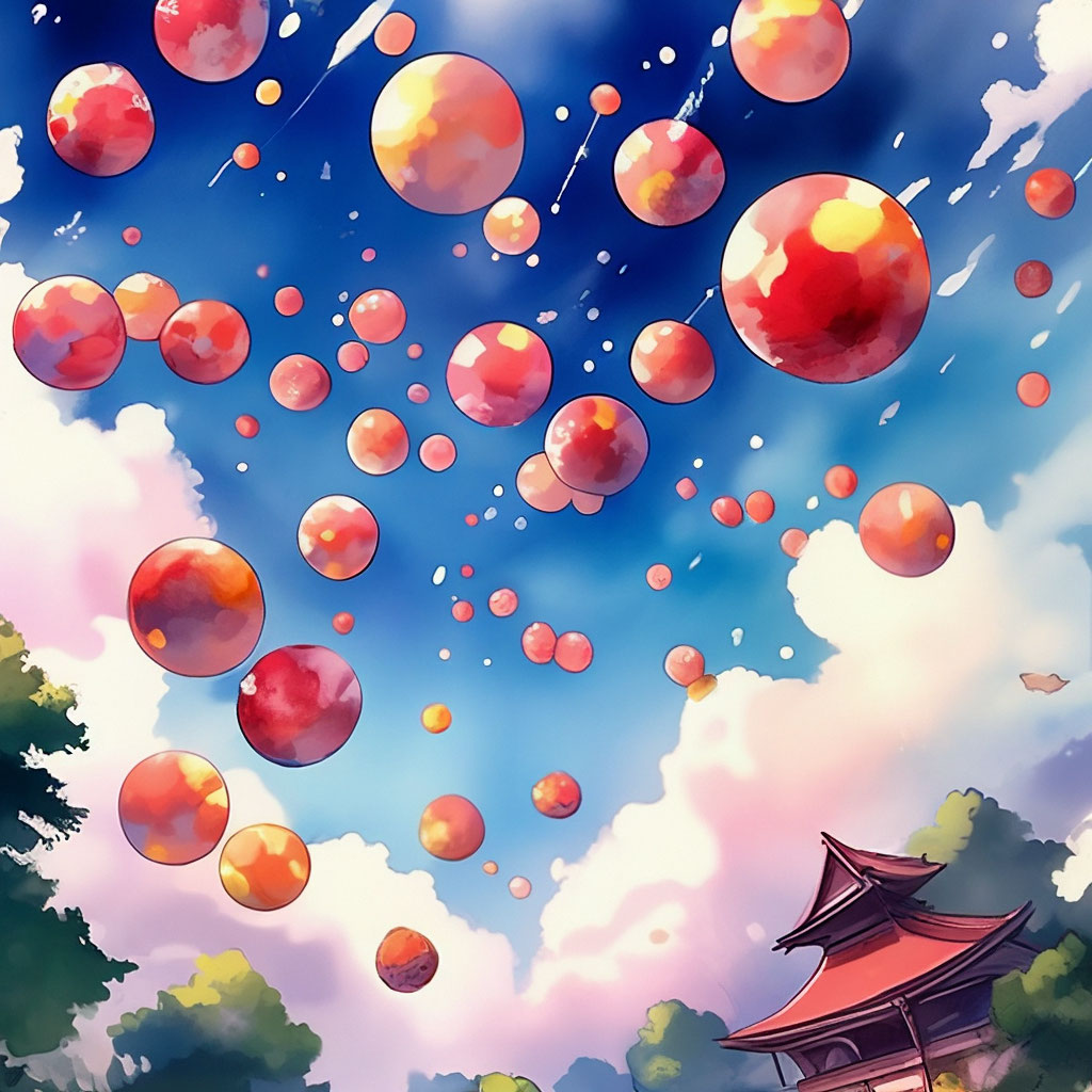 "Balls are falling from the sky, watercolor, anime style" — image ...