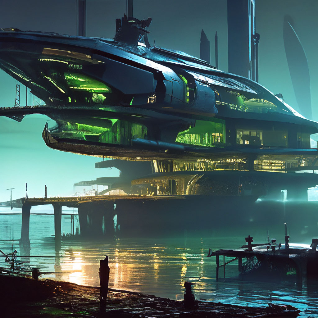 "Dark world of the distant future, hill, old pier, inverted boat, dark ...