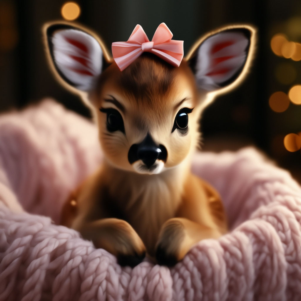 "Cute fawn Realistic tiny fluffy baby deer, a bow on his head, pizza in ...