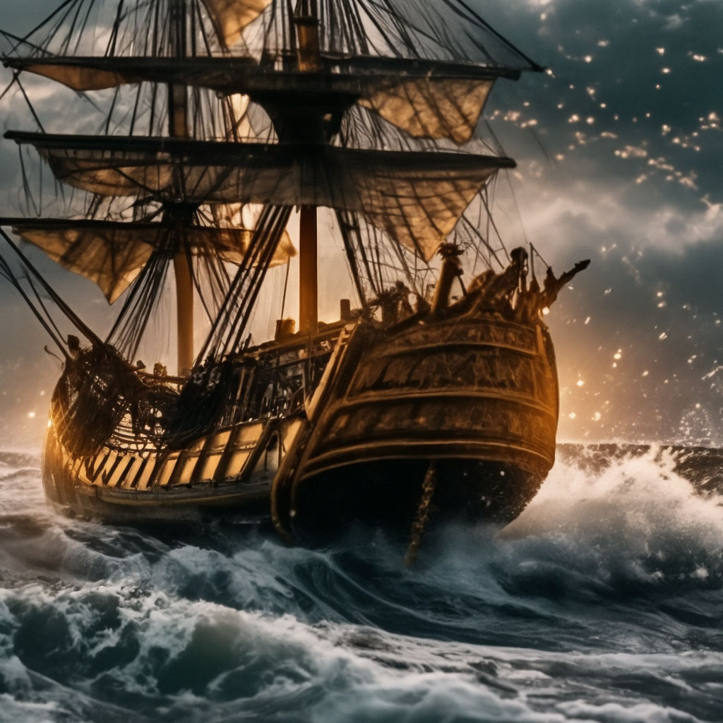 "Strong storm,pirate ship on the waves, aesthetically pleasing ...