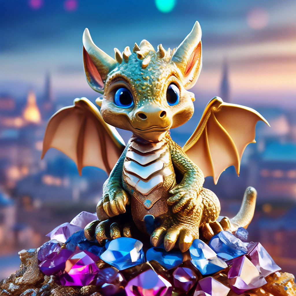 "Cute and charming dragon on a mountain of jewels, against the ...