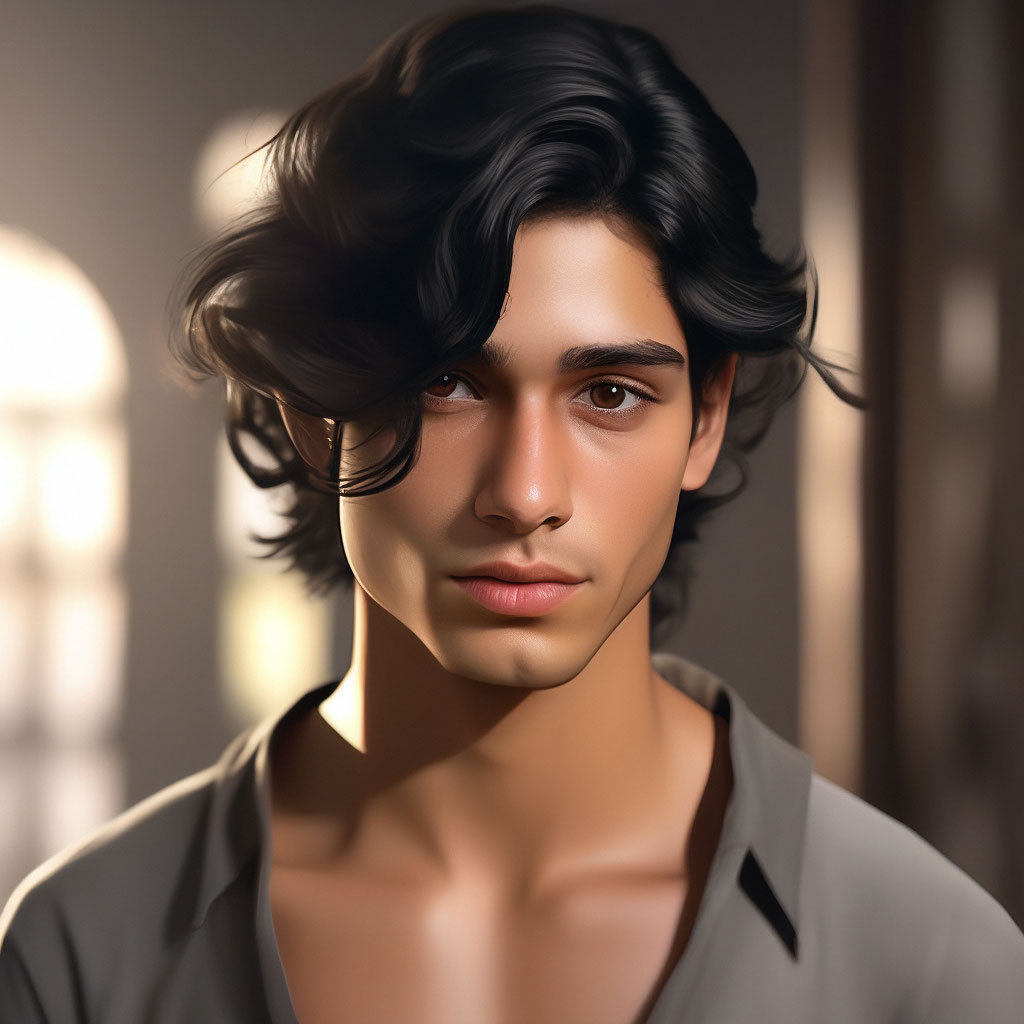 "Guy 20 years old, black tousled hair, narrow cheekbones, narrow face ...