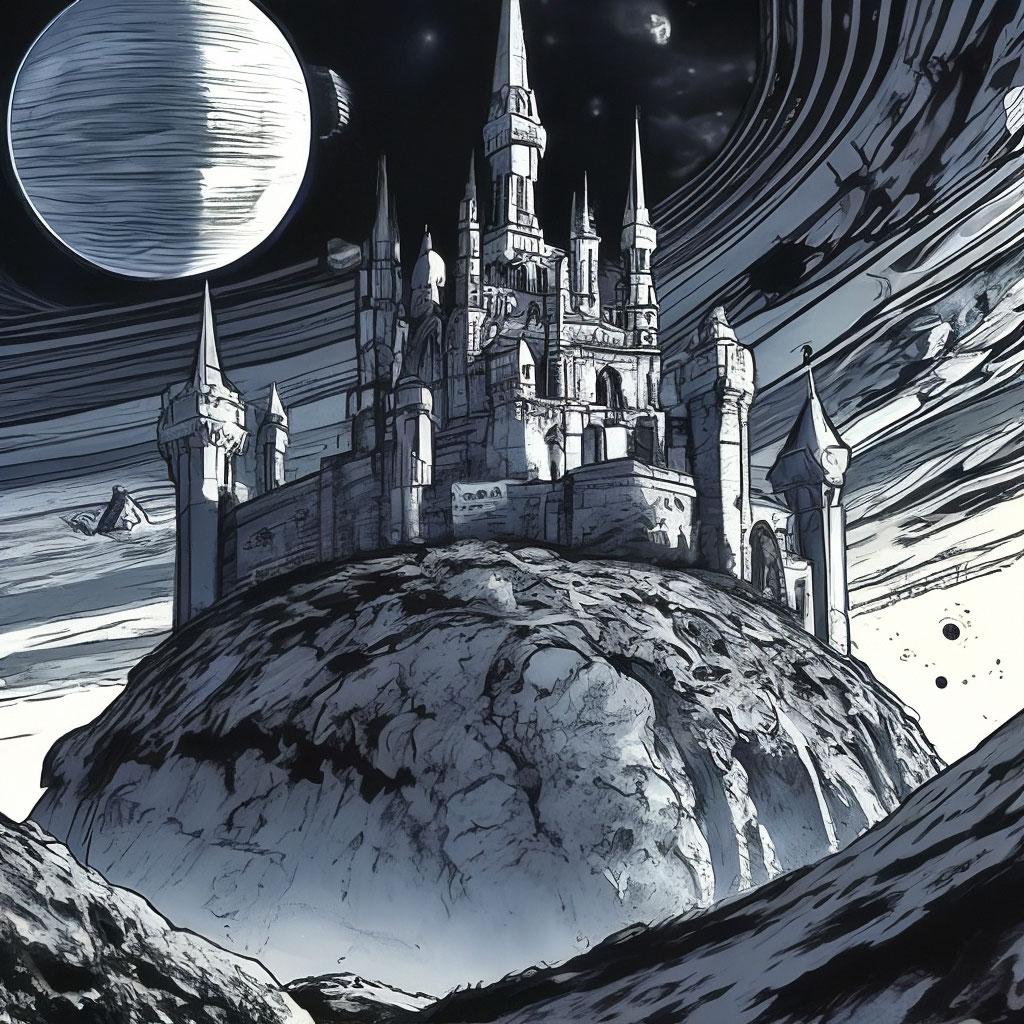 "⬛ fabulous dark castle in space on an asteroid, detailed drawing ...