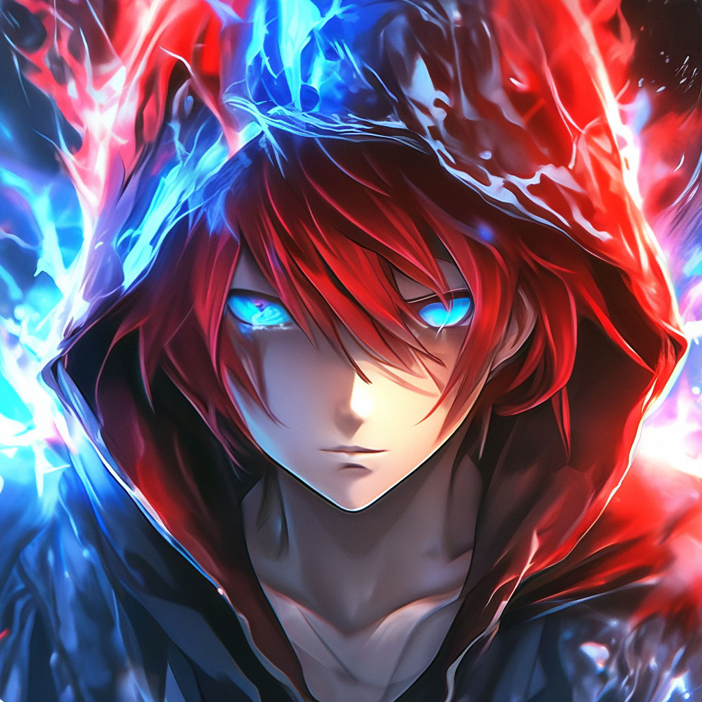 "Young guy, red hair, black hood, indifferent look, cracked face, blue ...