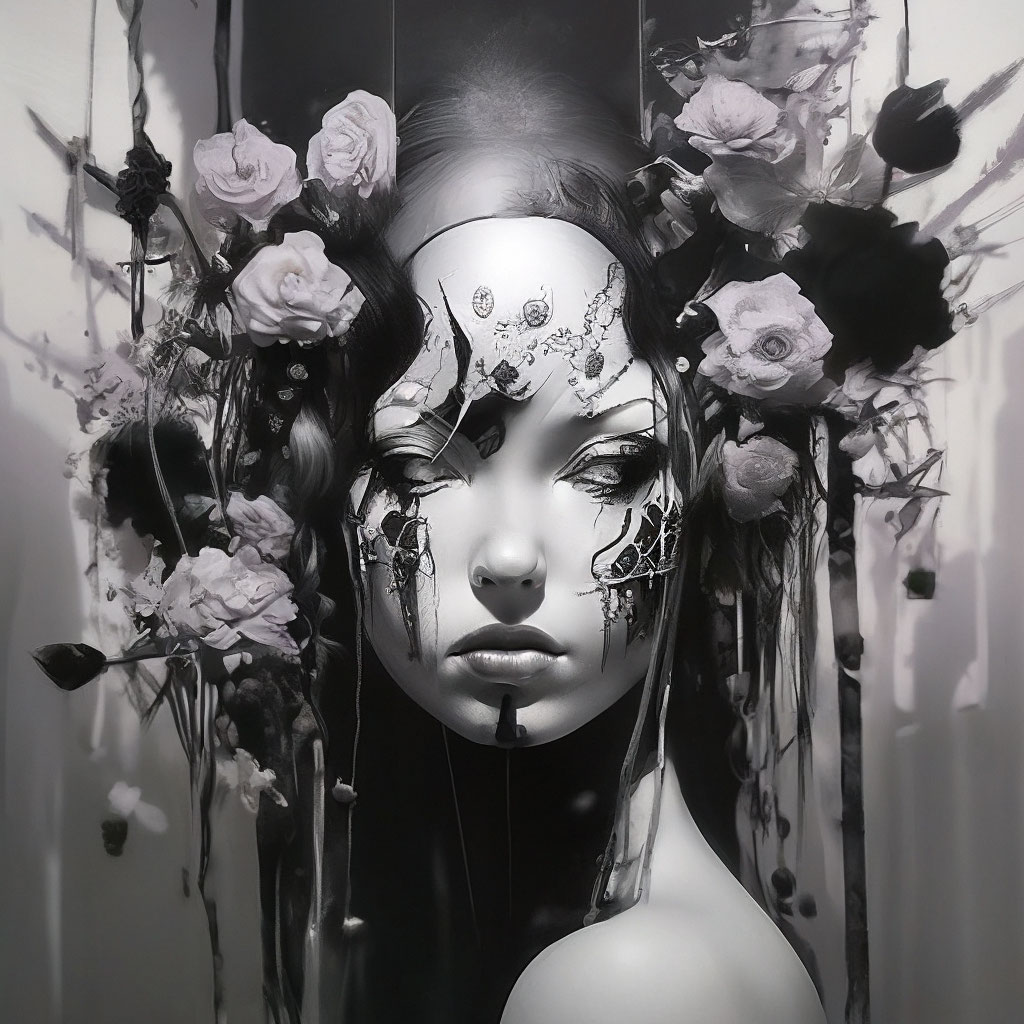 "A gloomy portrait, a refined face, black paint from the eyes, black ...