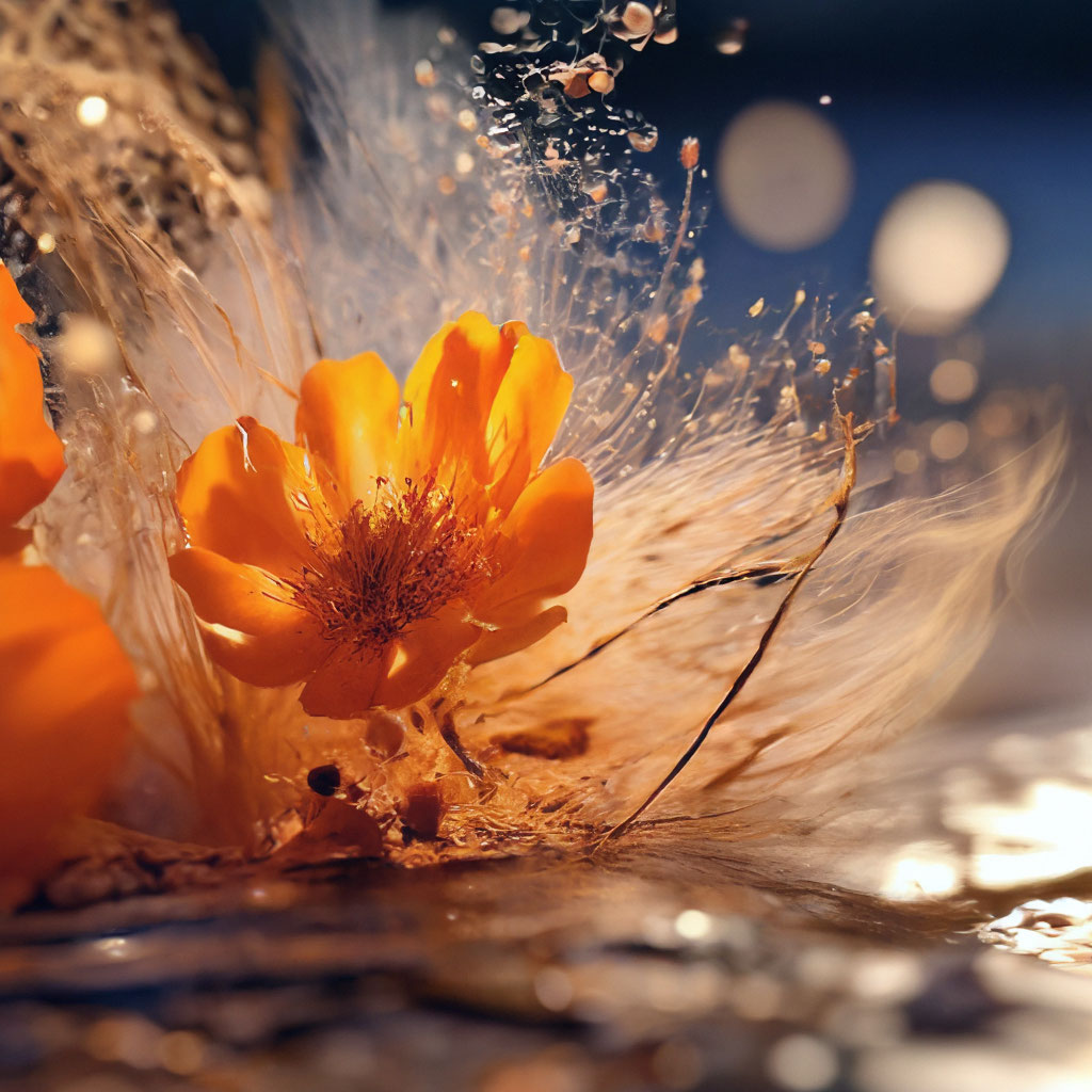 "Tangerine morning, ink, grattage, dried flowers, blots, streaks ...