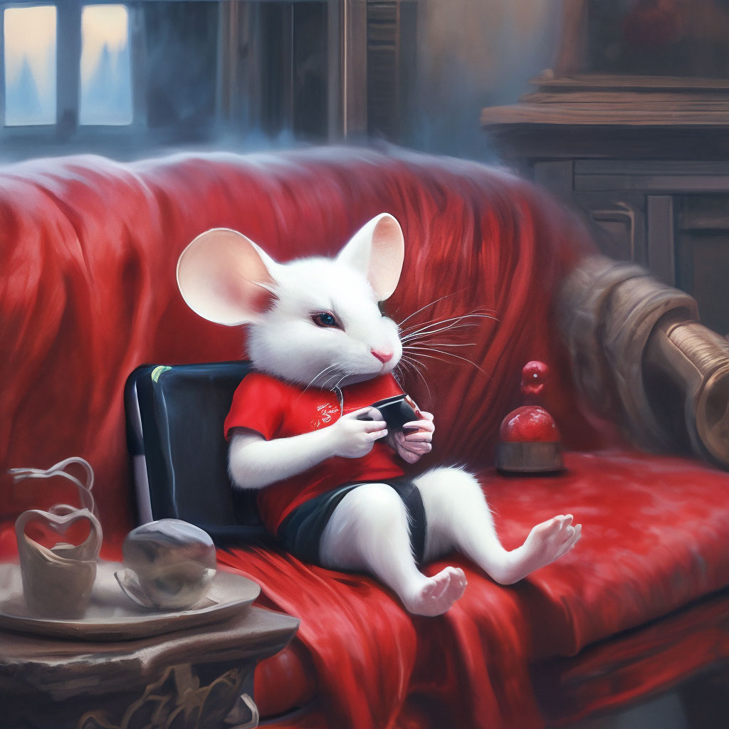 "A white, very cute mouse is lying on the couch holding a mobile phone ...