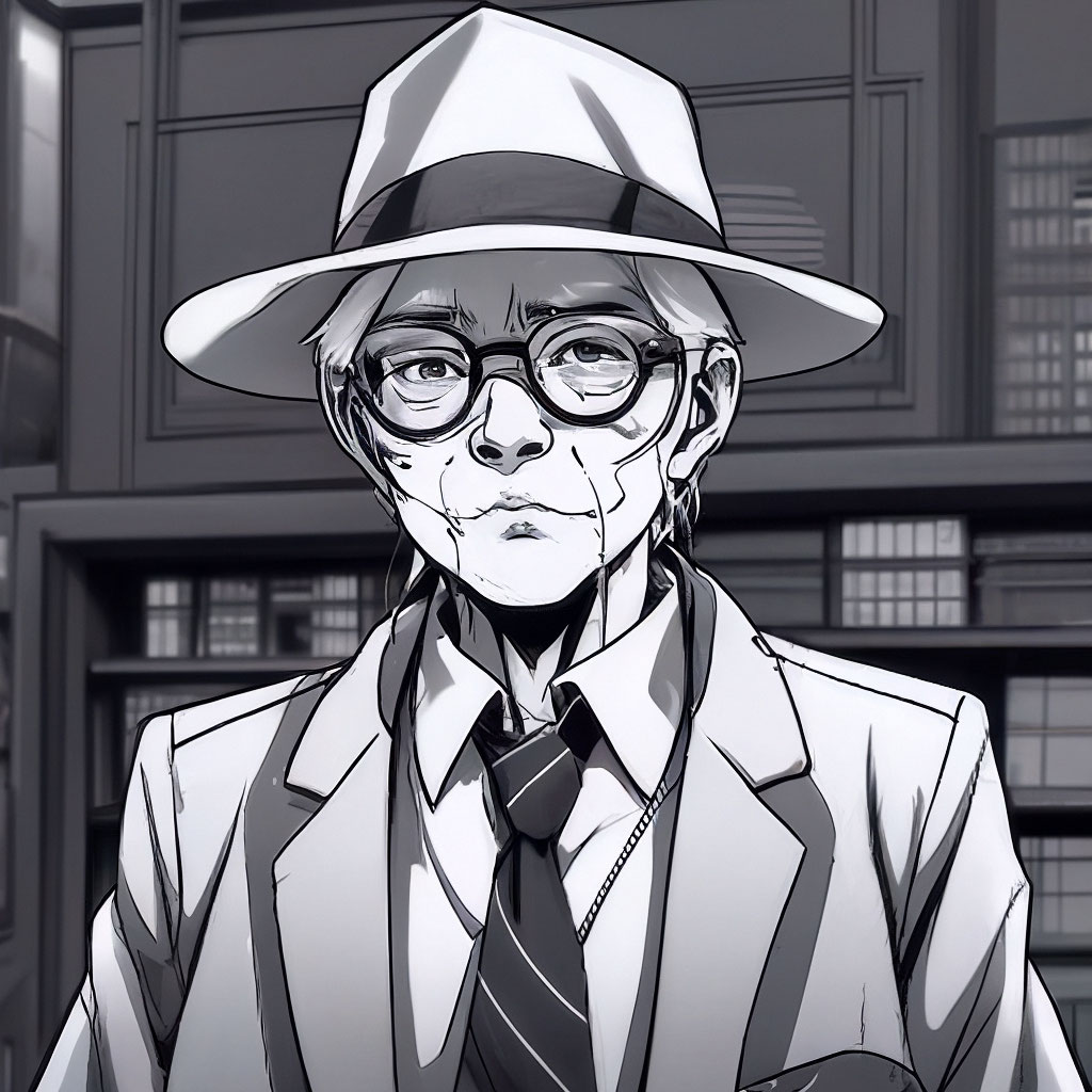 "Yakuza accountant, 60 years old, tired look, baggy suit, hat ...
