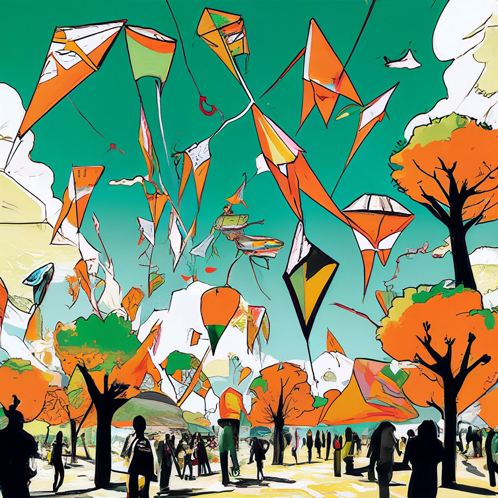 "Graphic poster, paper kites in the sky over citizens, unusual kites ...