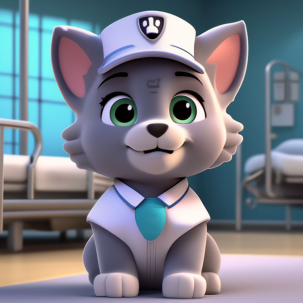 "Fluffy gray cat with a paw patrol mustache, dressed as a nurse, in the ...