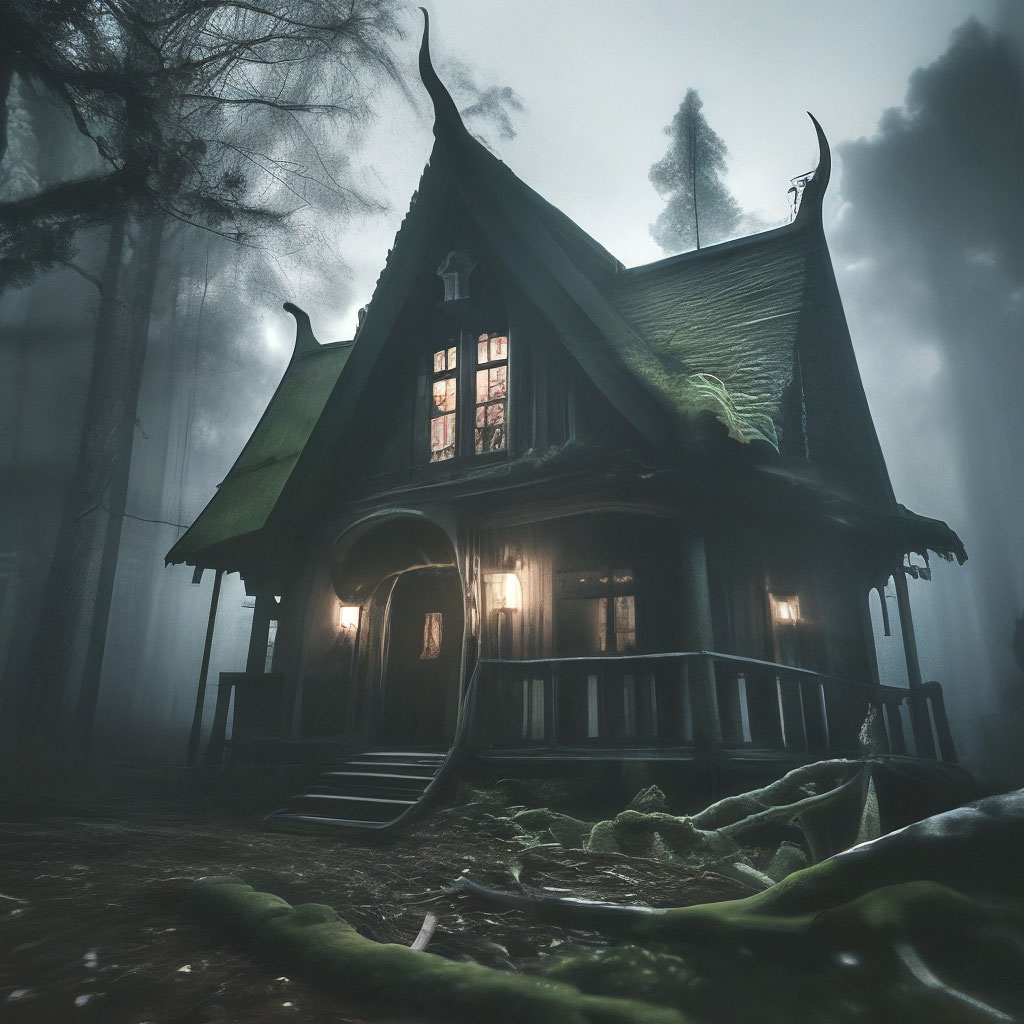 "Scary lair witch's house in a dark gloomy forest, darkness, fog, scary ...