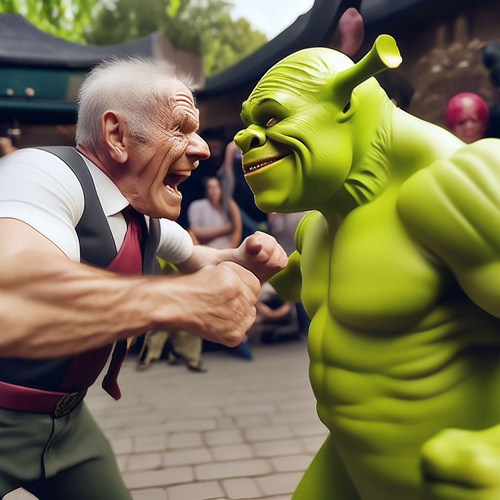 "Grandfather fights with shrek" — image created in Shedevrum