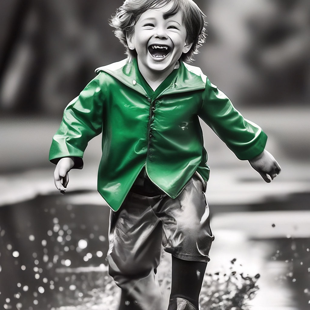 "Black and white photo, laughing boy, running through puddles, emerald ...