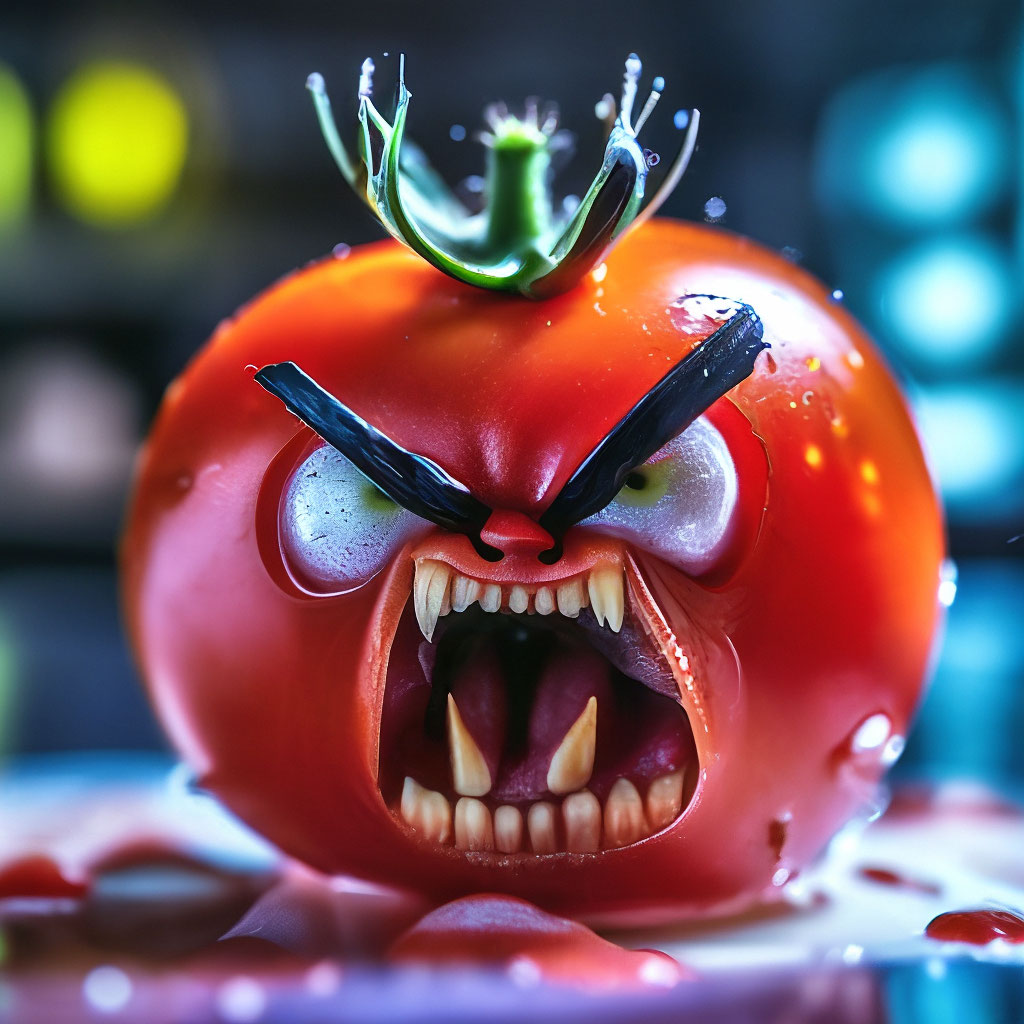 "Angry tomato in a rage , aesthetically pleasing, beautiful, realistic ...