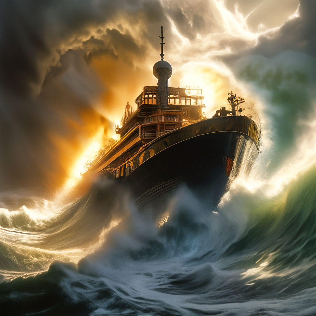 "A storm at sea. a huge wave lifted a modern vessel to the crest. the ...