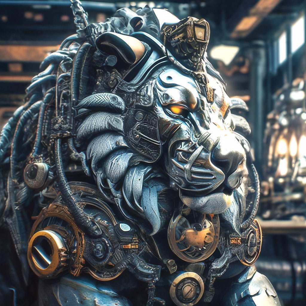 "Cyber lion, professional photo, realistic" — image created in Shedevrum
