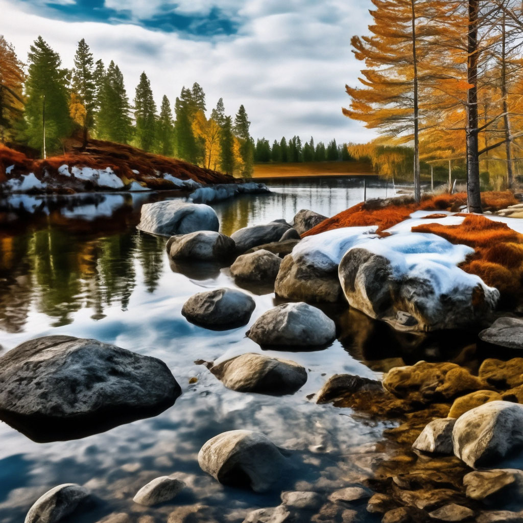 "Northern nature, transparent lake, rocks, trees, mosses, late autumn ...