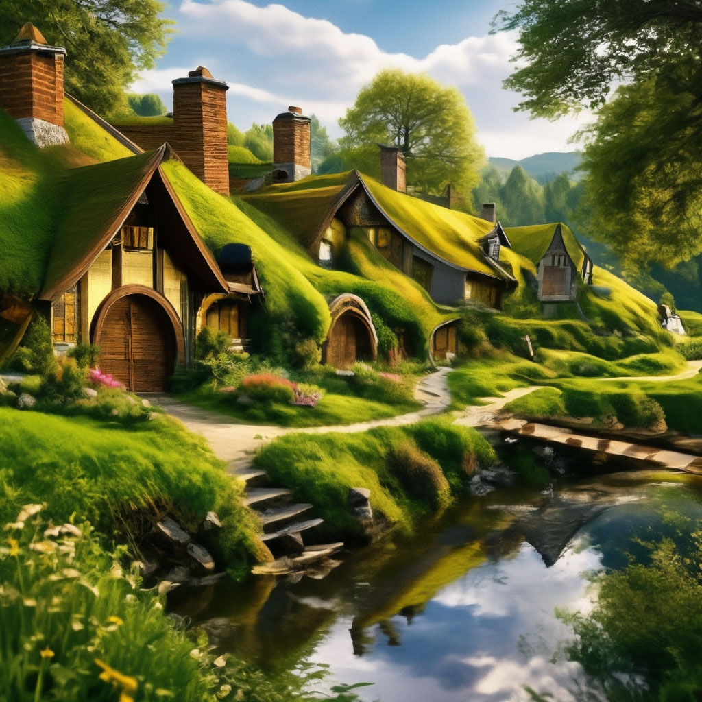 "Super beautiful summer village Shire, hobbit houses, river..." — image ...