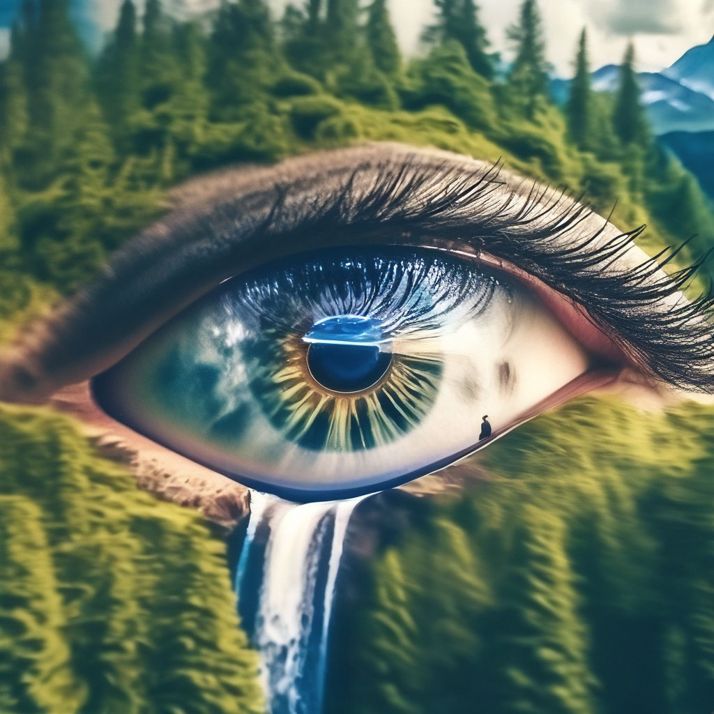 "An eye with a waterfall, forest, sky, mountains inside, realistic ...