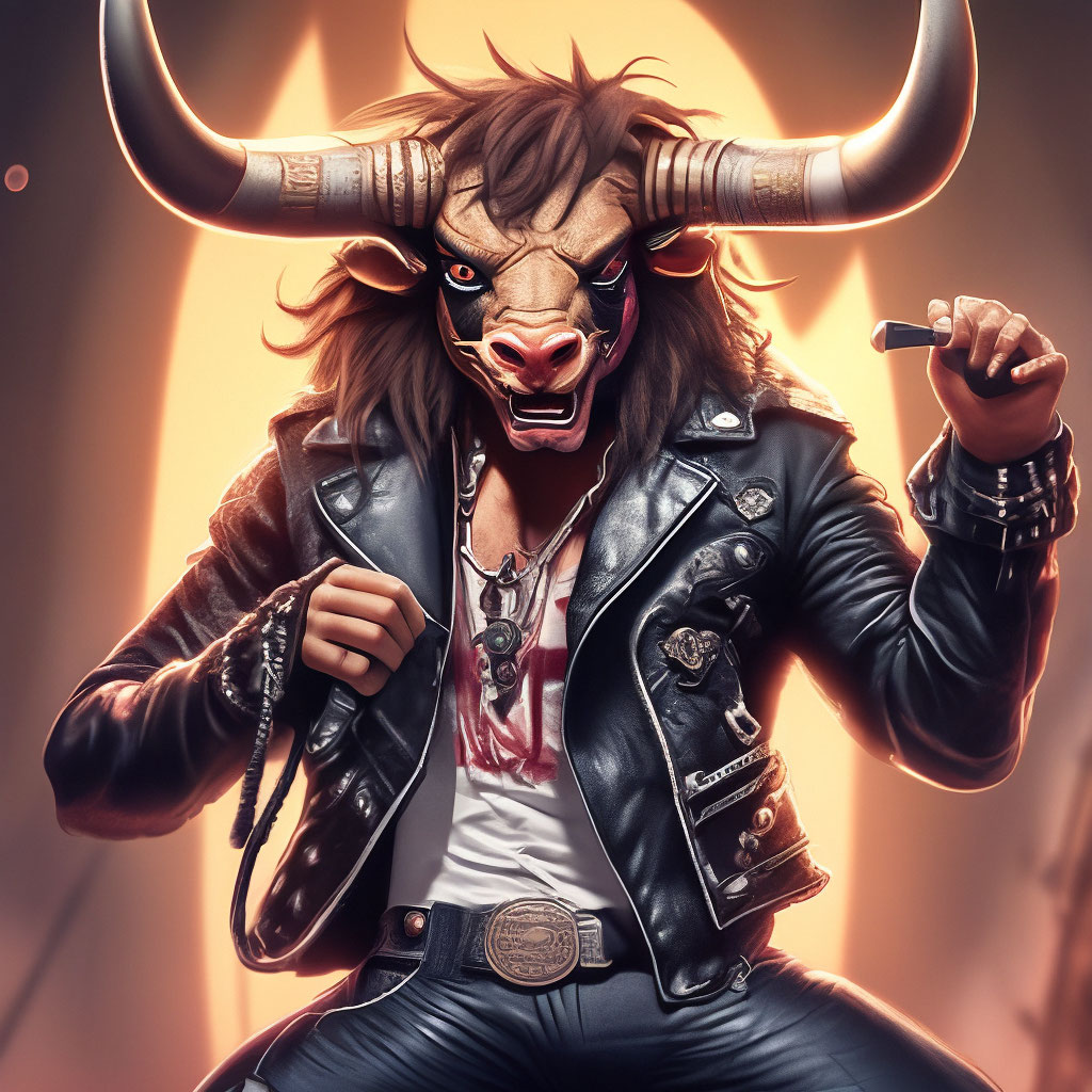 "Brutal bull with long hair, sharp horns, sings, in a leather jacket ...