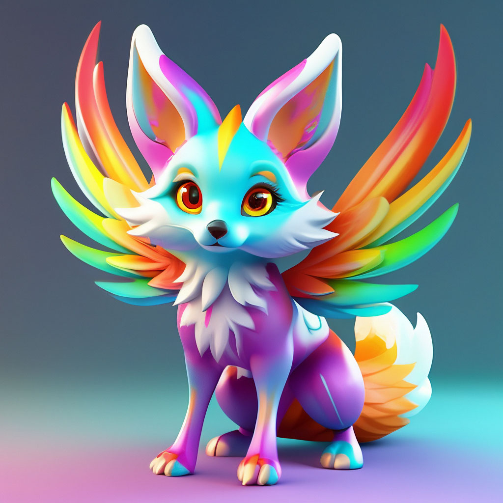 "Winged, magical fox with transparent wings, rainbow fur, multicolored ...